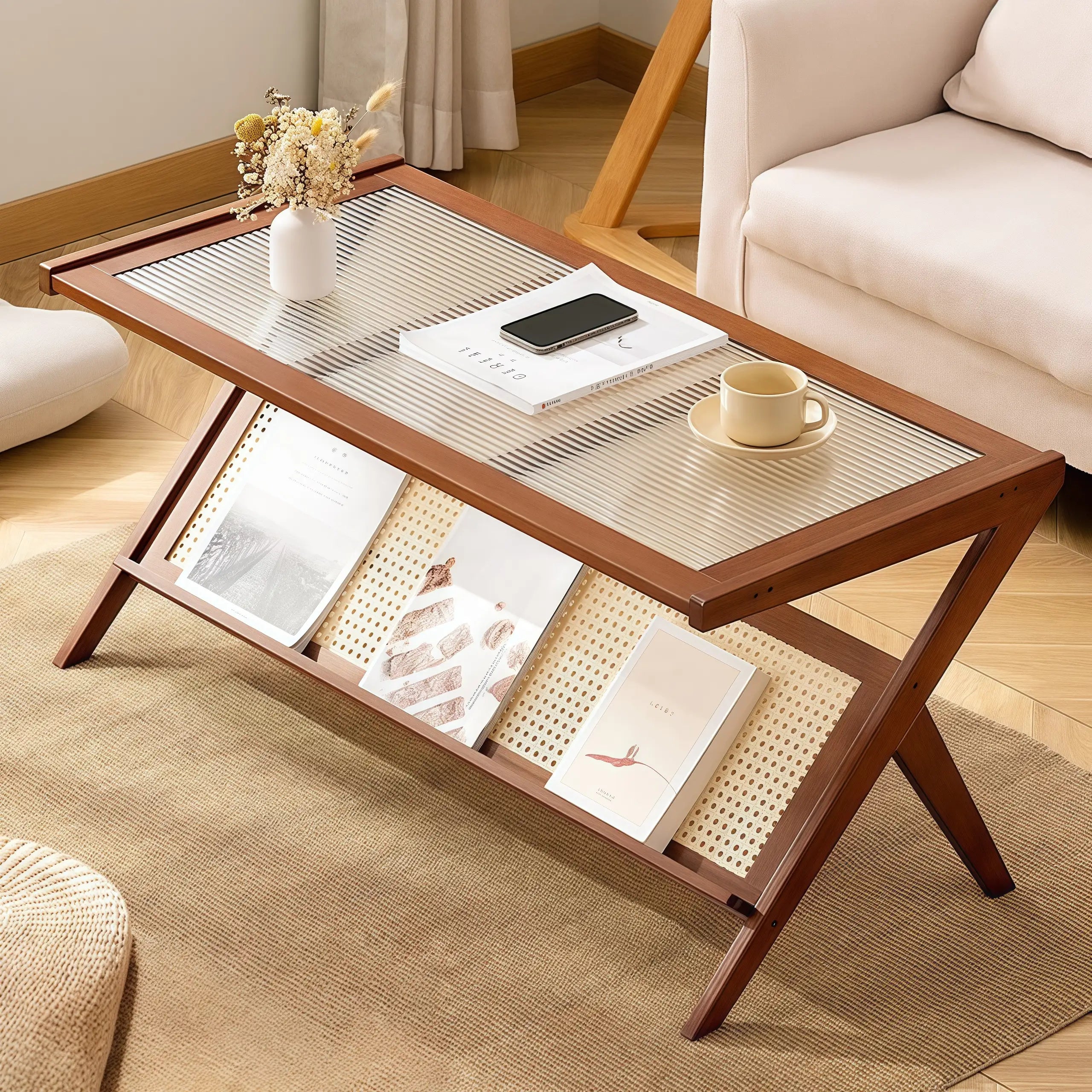 Solid Square Glass Coffee Table with Faux Rattan Shelf – Zwob