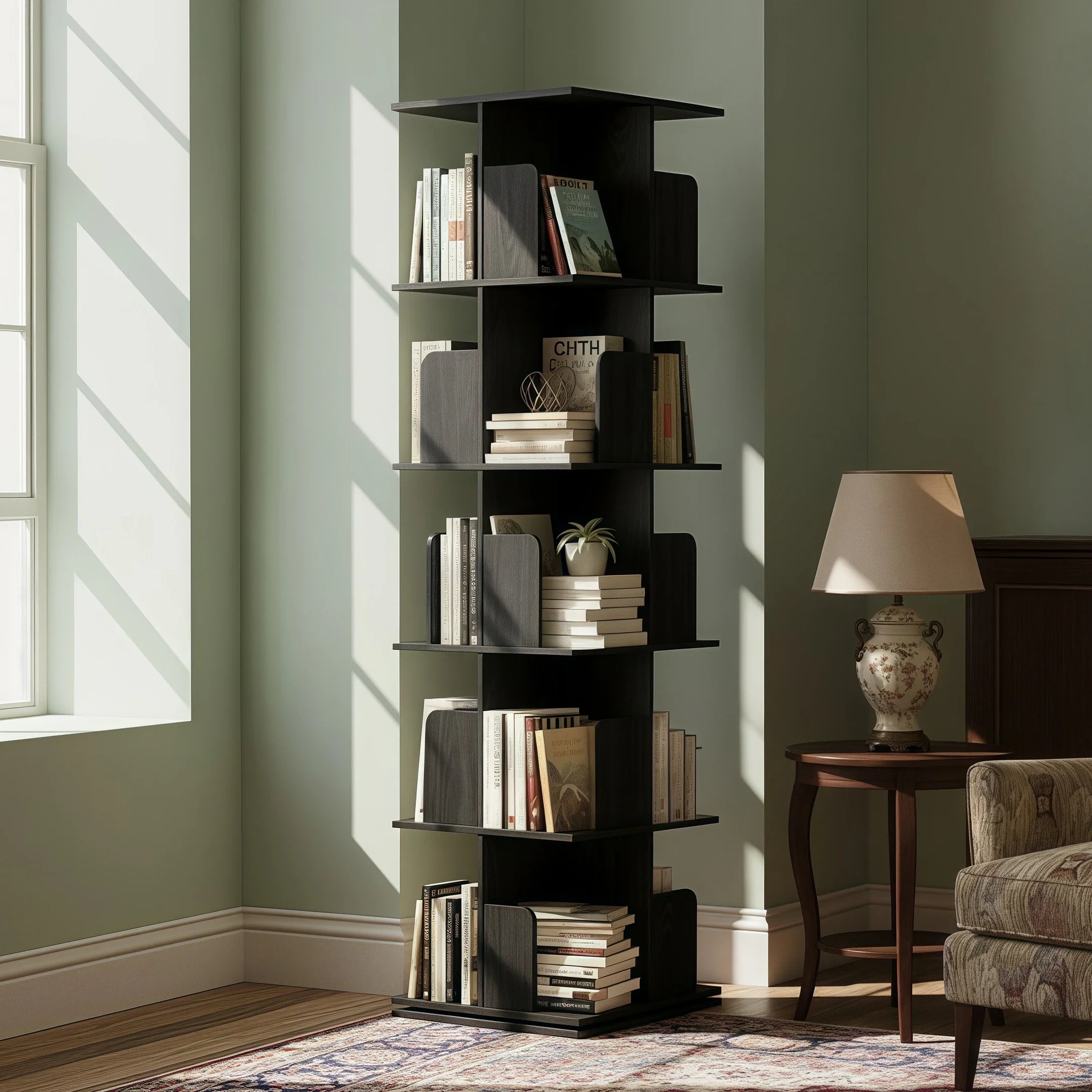 Wooden Rotating Bookcase Black Tall Square Bookshelf – Zwob