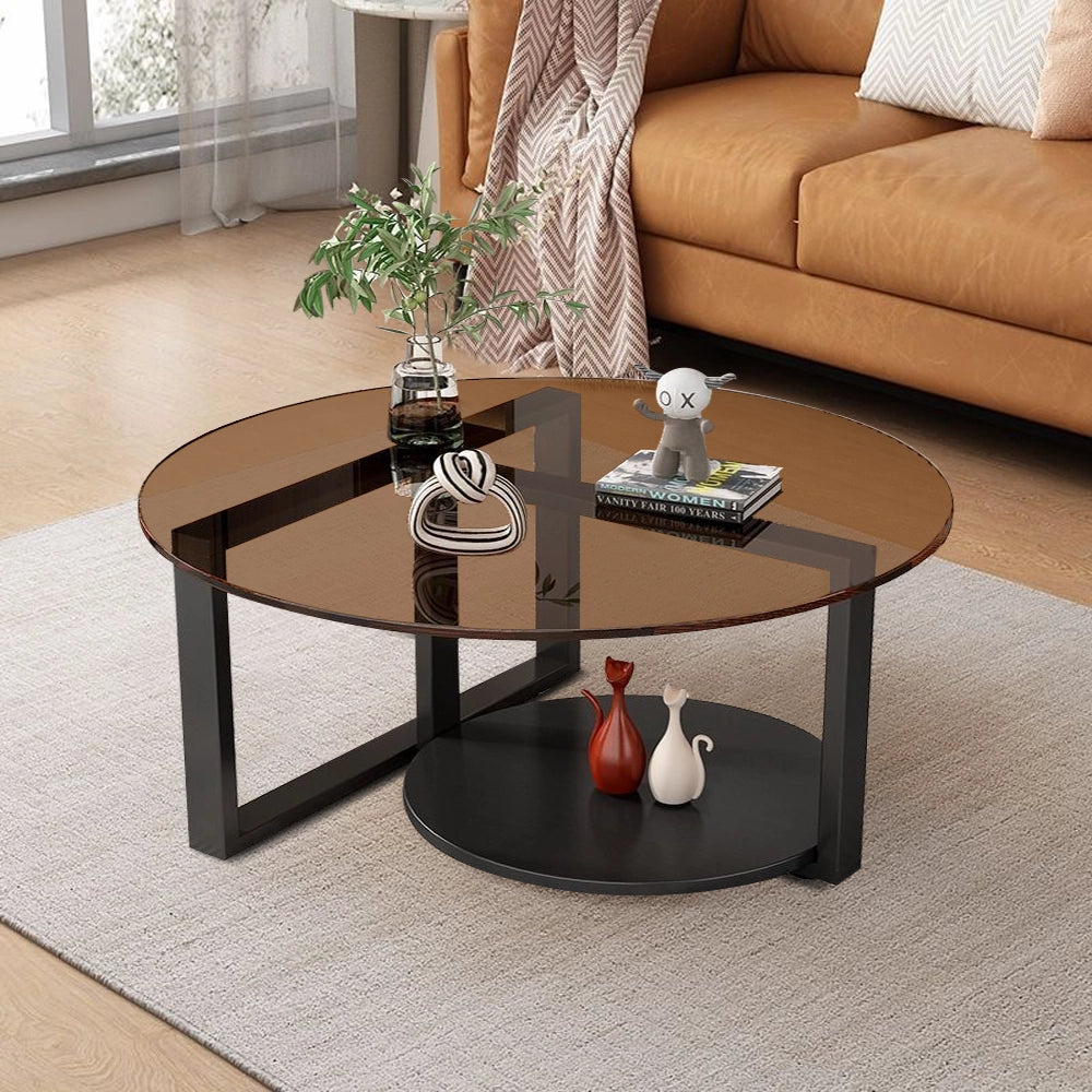 Modern Round Glass Coffee Table with Solid Wood Legs – Zwob