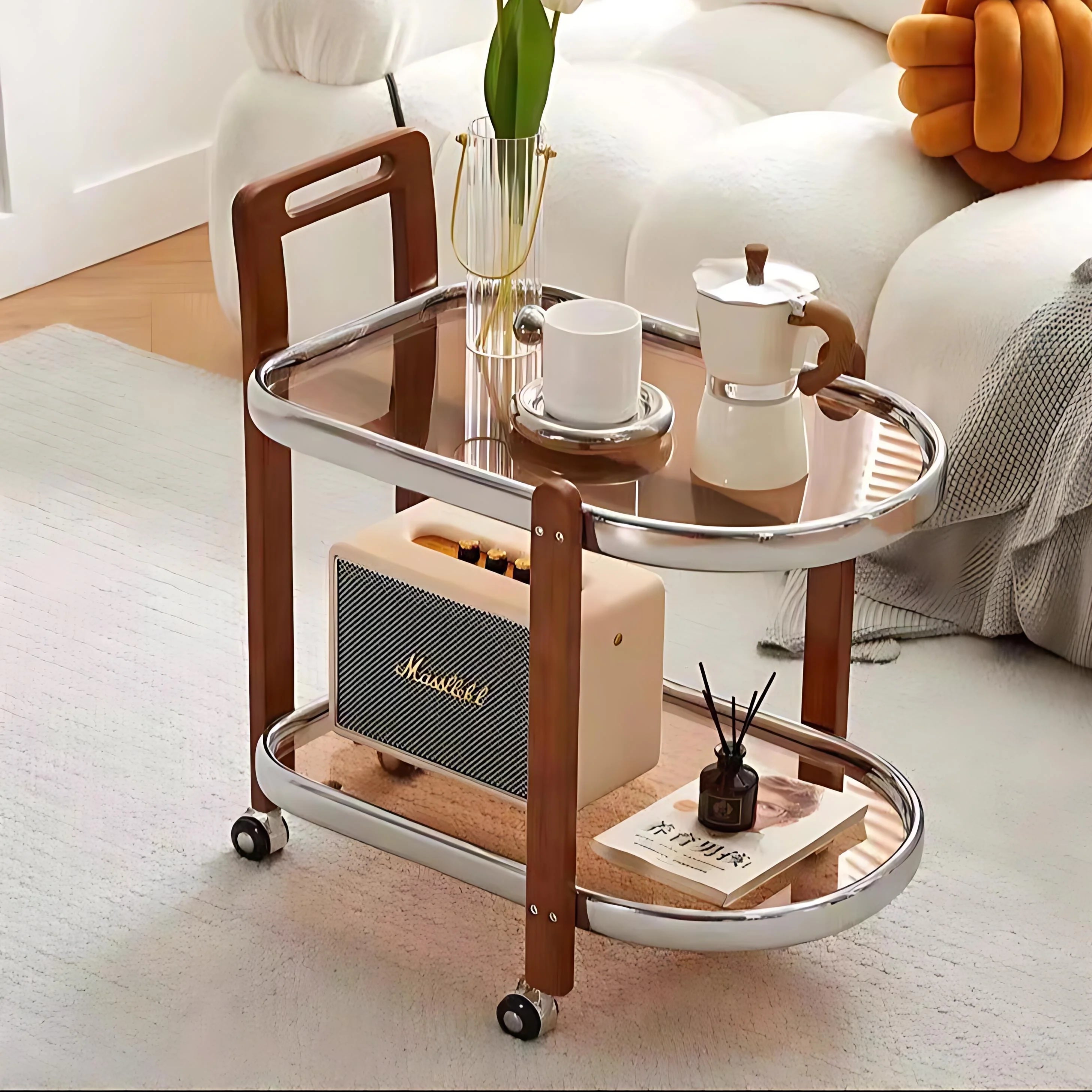 Mid-Century Solid Wood and Glass Rolling Cart for Living Room – Zwob